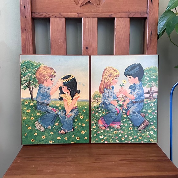 Vintage | Art | Vintage 97s Wm Otto Prints On Wood Flower Child Set Of ...